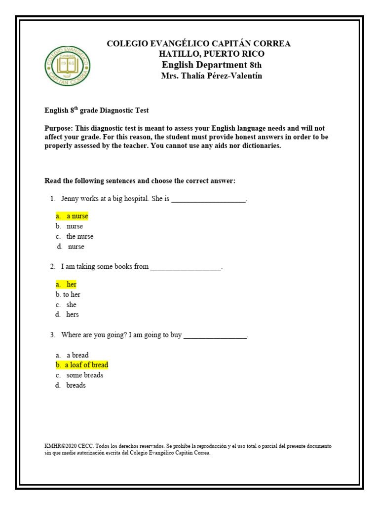 8th Grade English Class Diagnostic Test | PDF
