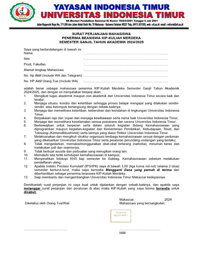 Surat Perjanjian Mahasiswa Kip 2024 | PDF