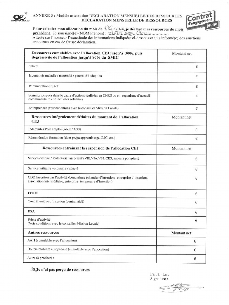 Attestation Ressources Déclarées 1 ELPHEGE Chris | PDF