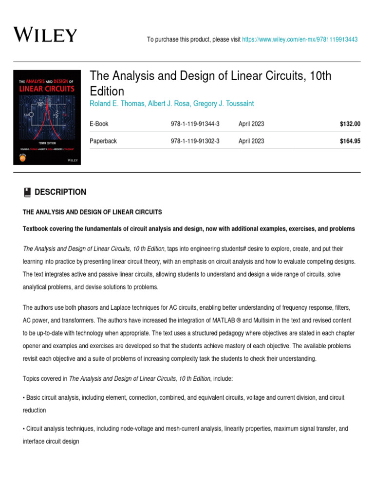 Wiley - The Analysis and Design of Linear Circuits, 10th Edition - 978-1-119-91344-3 | PDF ...