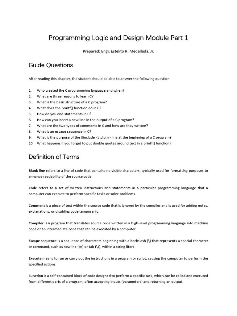 C Programming Logic And Design Module Part 1 Pdf Programming Computer Program
