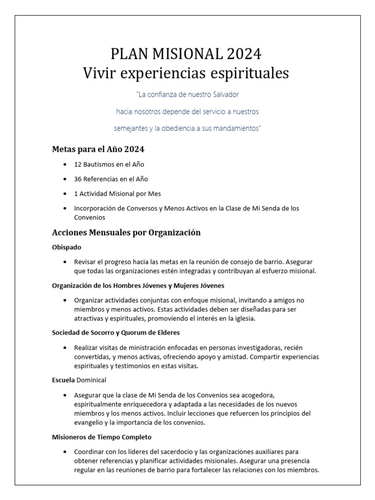 PLAN MISIONAL 2024 - Barrio Pedregal | PDF