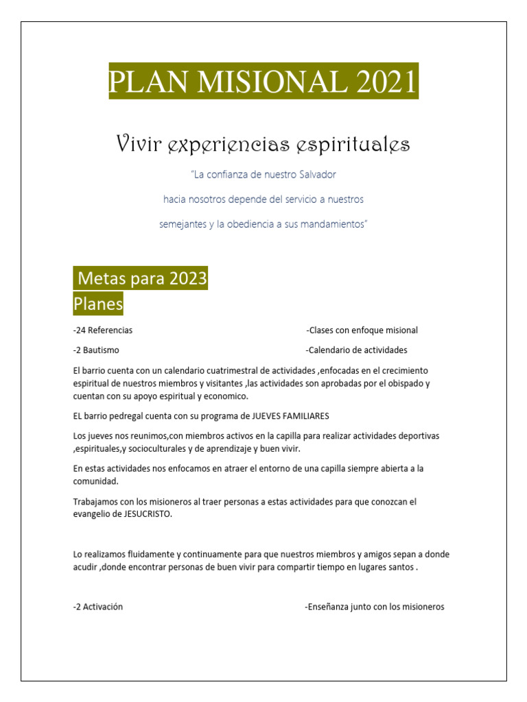 Plan Misional 2021: Actividades y Metas | PDF