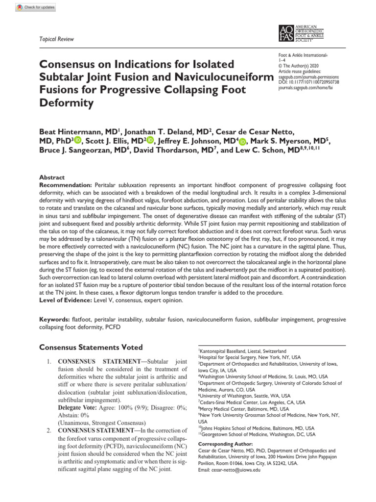 Consensus On Indications For Isolated Subtalar Joint Fusion and ...