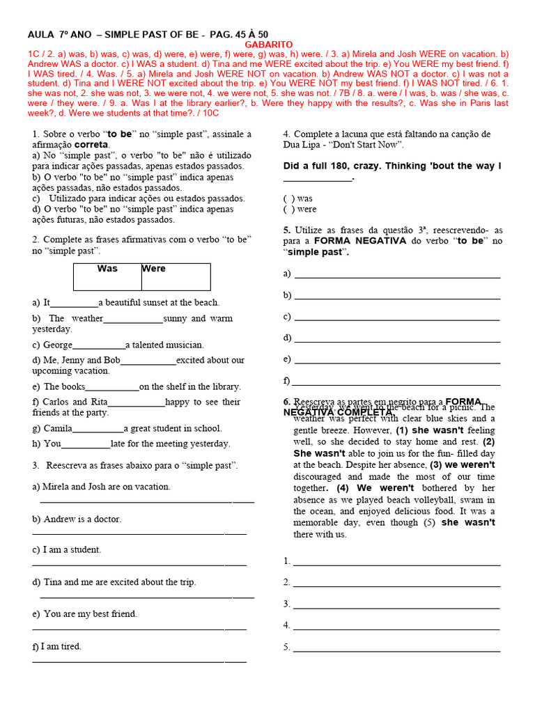 VERBO TO BE – SIMPLE PAST | PDF