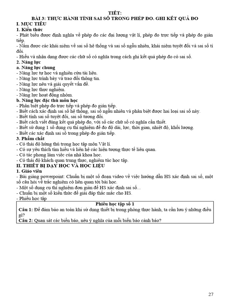 Bai 3. Thuc Hanh Tinh Sai So Trong Phep Do - Ghi Ket Qua Do | PDF