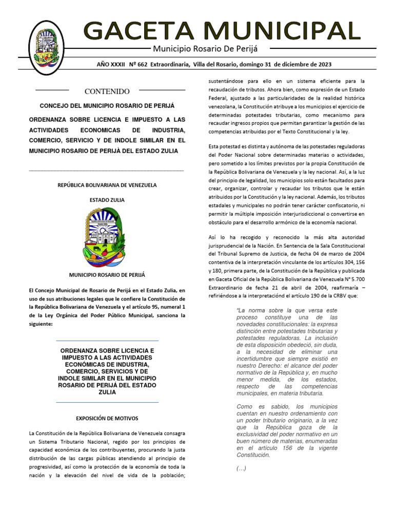 Gaceta Municipal N 662 de Fecha 31-12-2023, Ordenanza de Actividades ...