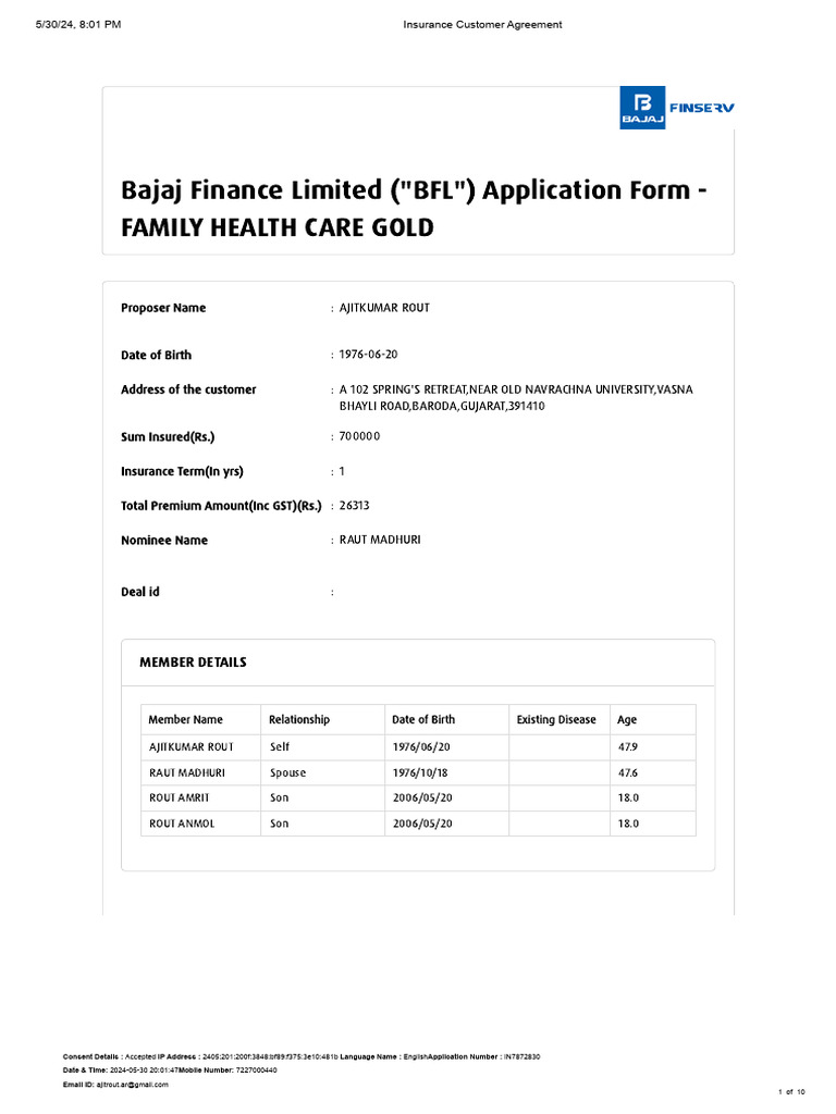 Bajaj Finance Insurance Application Form | PDF | Insurance | Underwriting