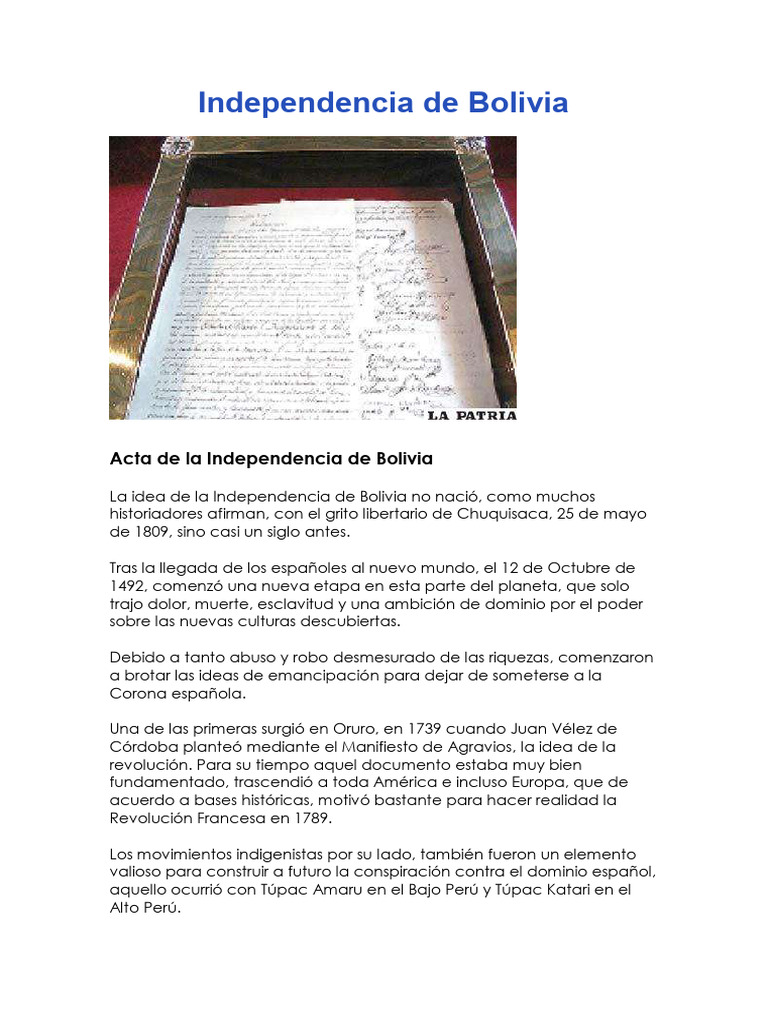 Acta de Independencia de Bolivia 1825 | PDF | América del Sur