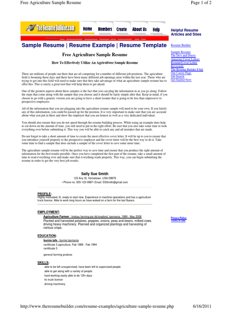Resume Sample Agriculture | PDF | Résumé | Agriculture