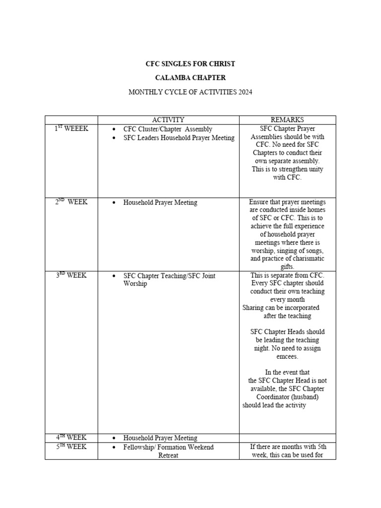 CFC Singles Calamba 2024 Activity Schedule | PDF | Religious ...