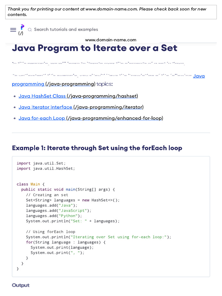 Java Program To Iterate Over A Set | PDF Java Program To Iterate Over A Set | PDF