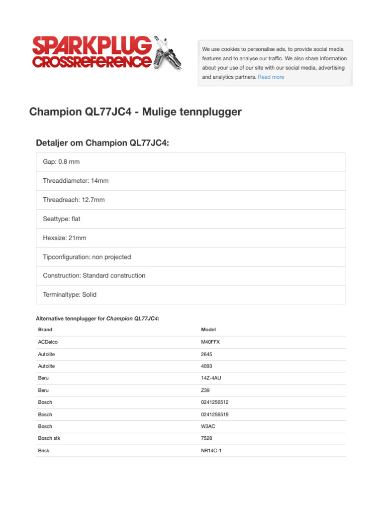 Champion QL77JC4 - Cross Reference | PDF | Companies | Automotive Industry