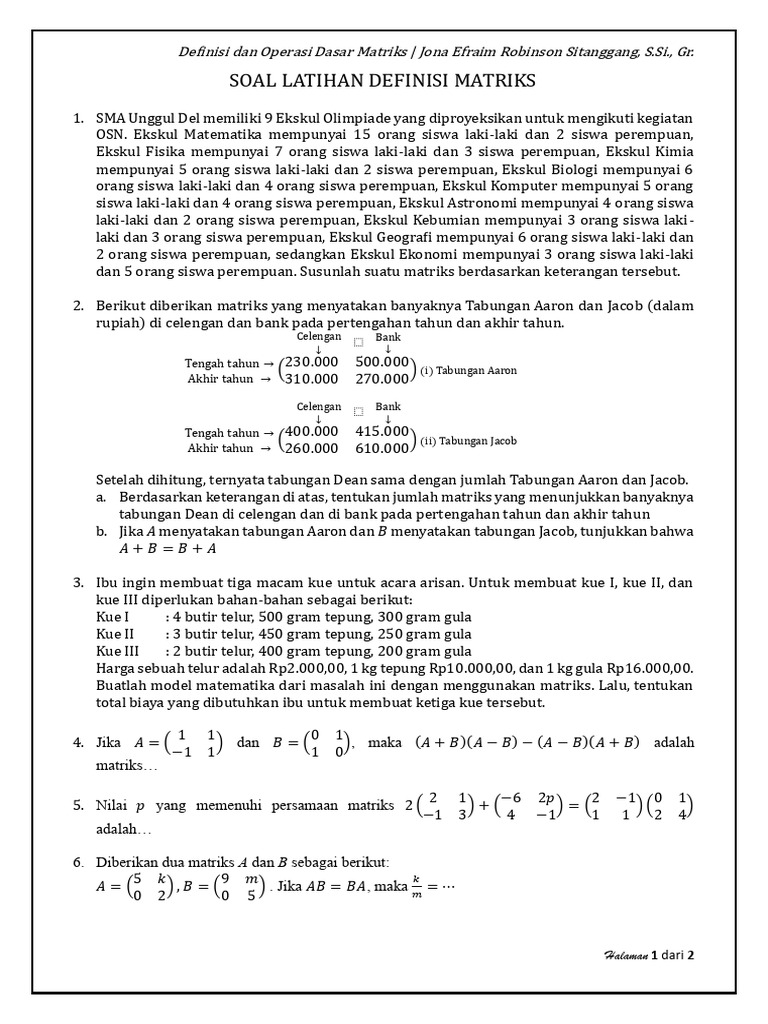 A.1.1. Soal Latihan Definisi Dan Operasi Dasar Matriks | PDF