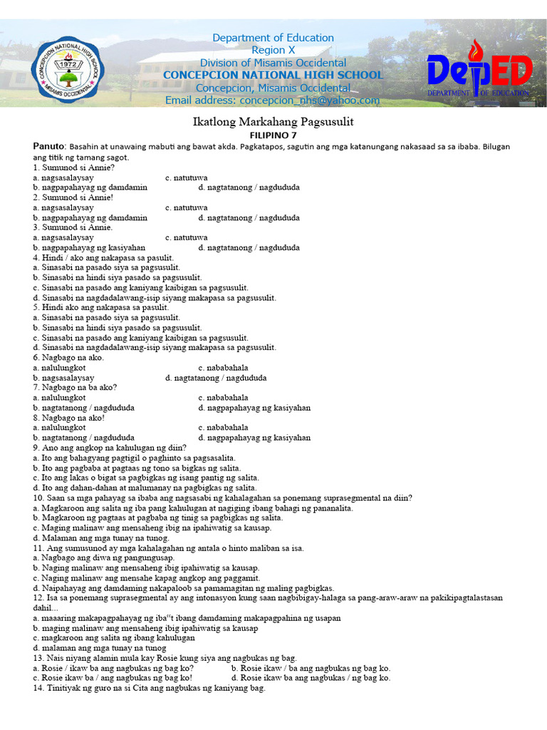 Filipino 7-Test Questionnaire | PDF