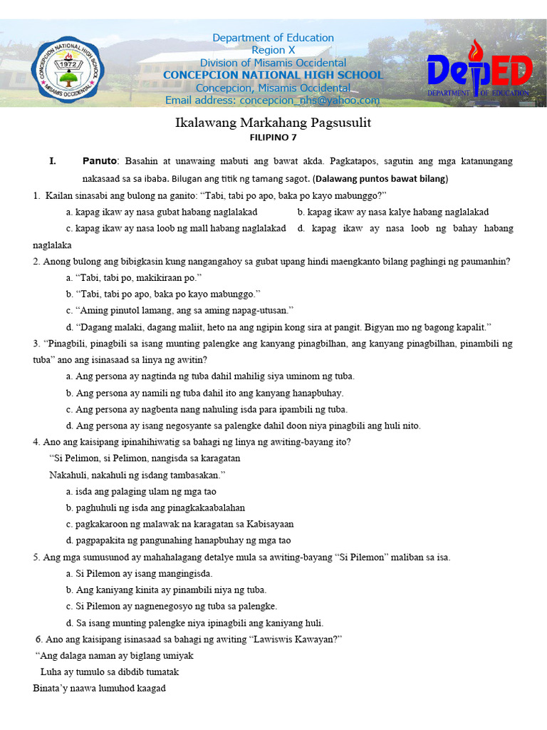 Filipino 7-Test Questionnaire | PDF