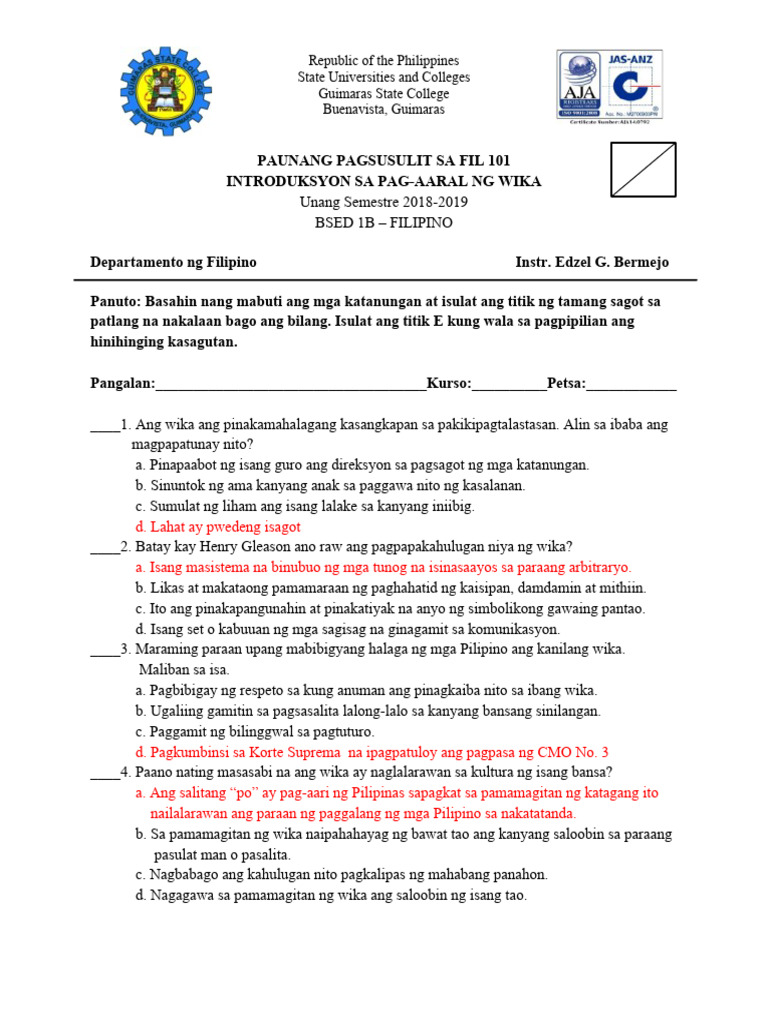 Paunang Pagsusulit Sa Intro Sa Pag-Aaral NG Wika | PDF