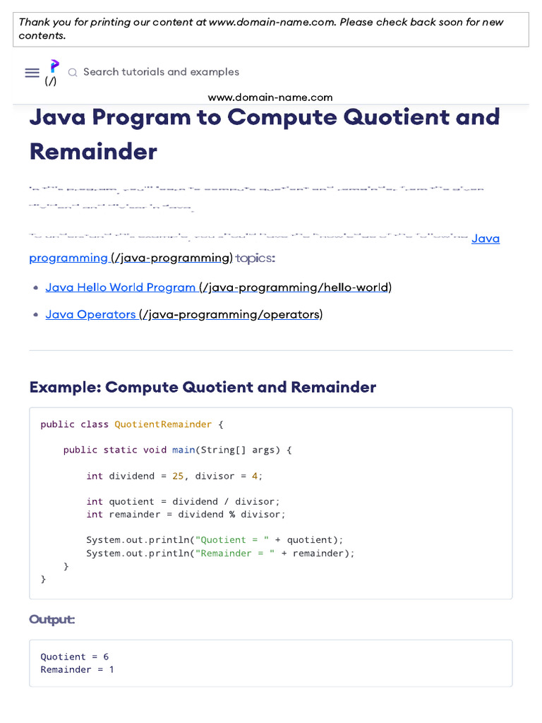 Java Program To Compute Quotient and Remainder | PDF