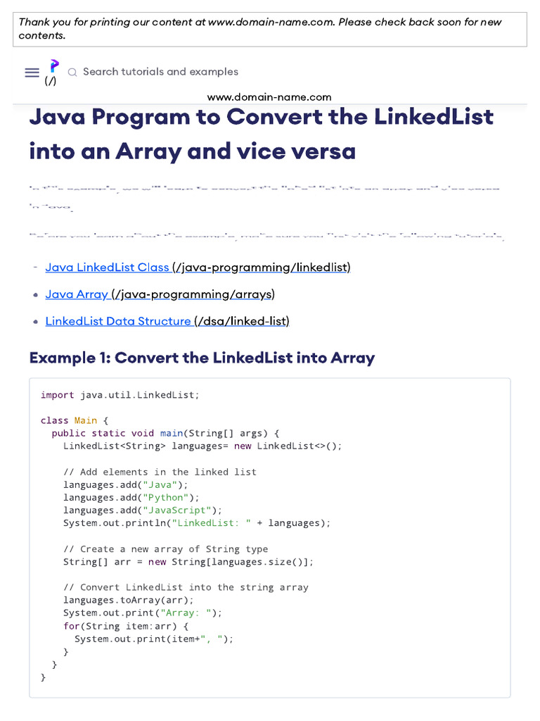 Java Program To Convert The LinkedList Into An Array and Vice Versa | PDF