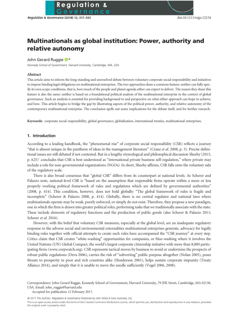 Ruggie - Multinationals As Global Institution Power Authority and ...