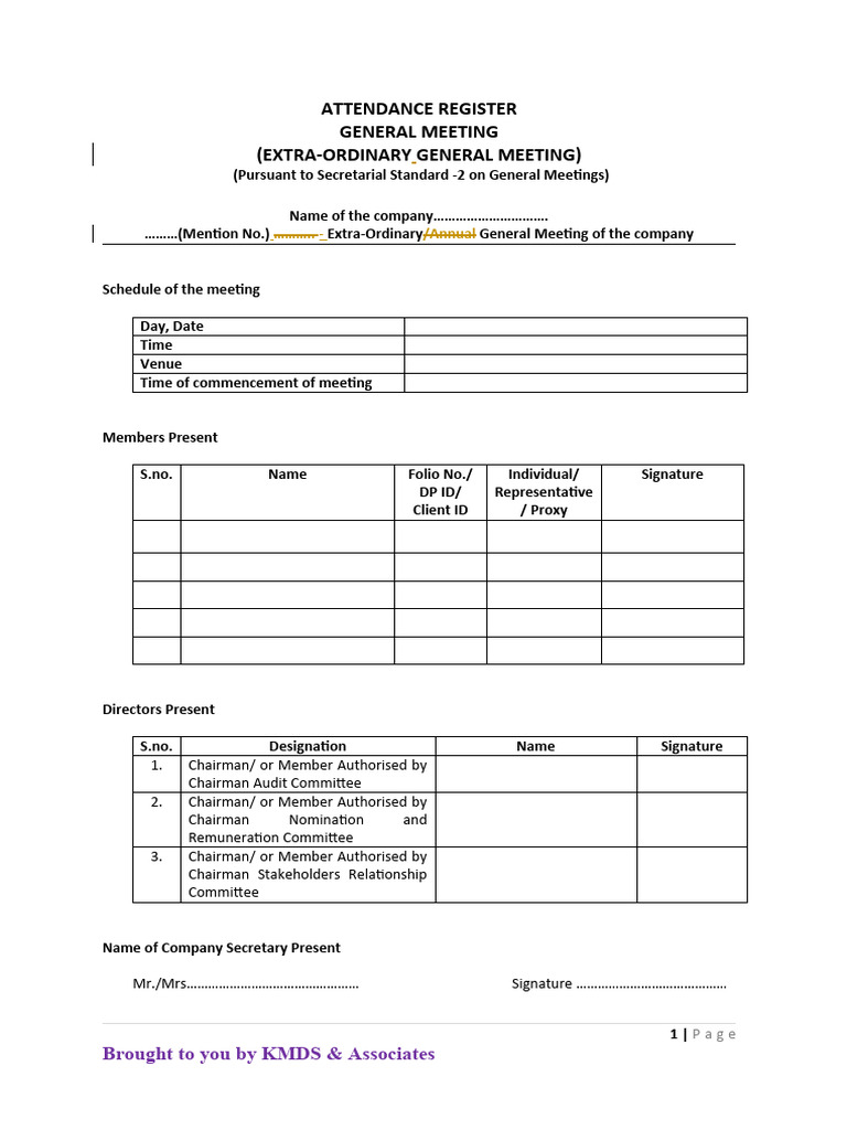 Attendance Register of EGM | PDF | Companies | Business