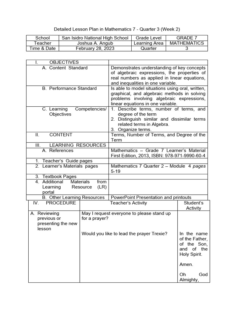 Day 2 Lesson Plan (Terms) | PDF | Mathematics | Numbers