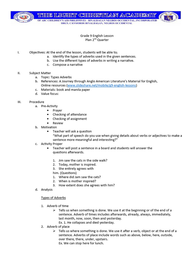 Grade 9 English 2nd Quarter Lesson Plan | PDF | Adverb | English Language