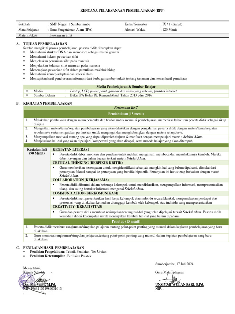 RPP IPA Kelas IX: Pewarisan Sifat | PDF | Karier & Perkembangan