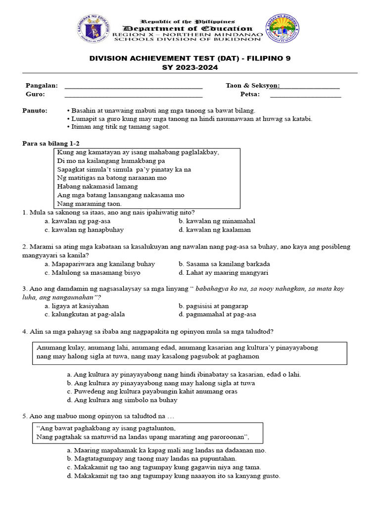 Filipino9 DAT Test | PDF