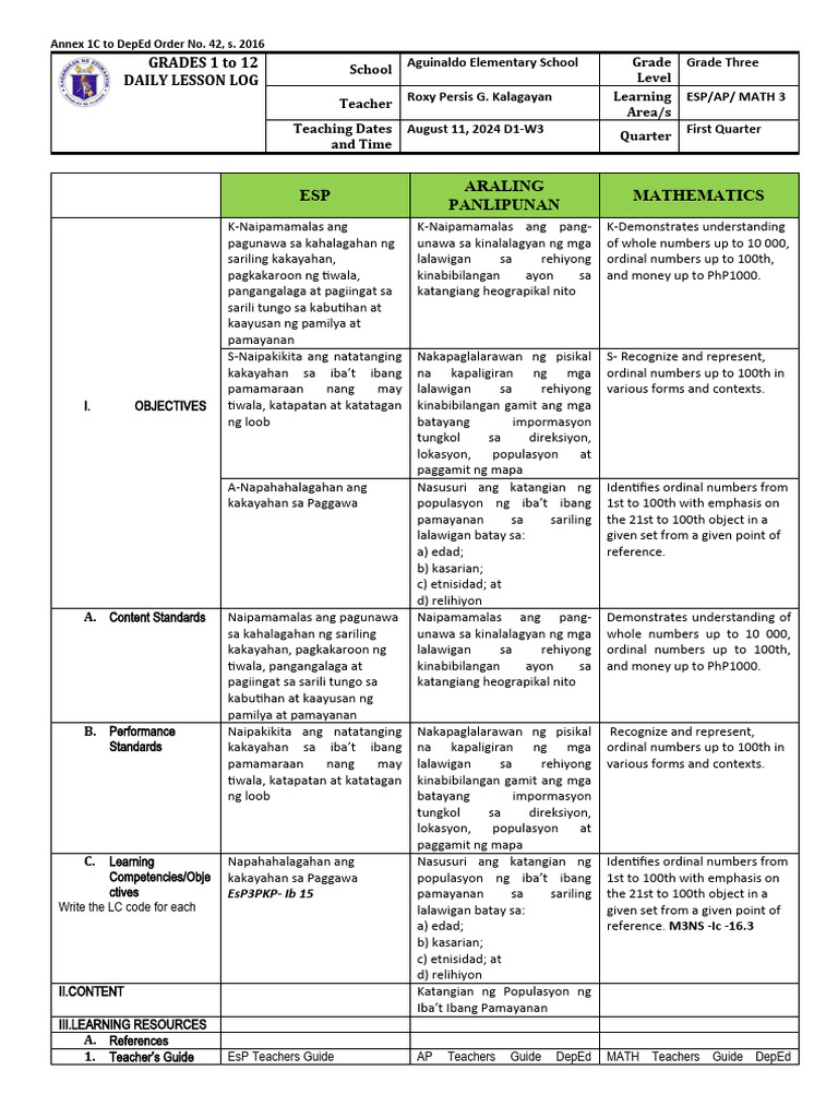 DLL Quarter 1 W3 D1 AP MATH ESP 3 | PDF
