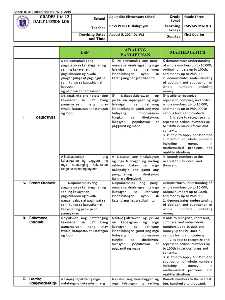 DLL Quarter 1 W2 D1 AP MATH ESP 3 | PDF