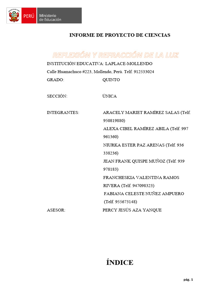 INFORME DE PROYECTO DE CIENCIAS-2 | PDF | Reflexión (Física) | Ligero