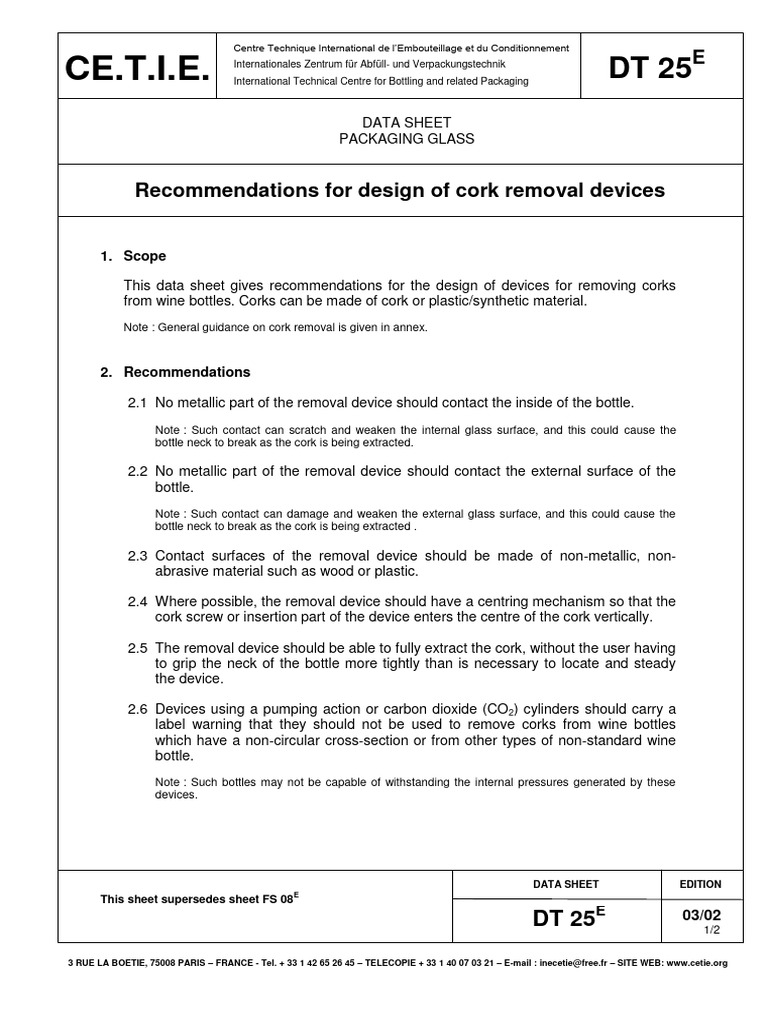 dt25 - 2002 - en DT25.00 - RECOMMENDATIONS FOR DESIGN OF CORK REMOVAL ...