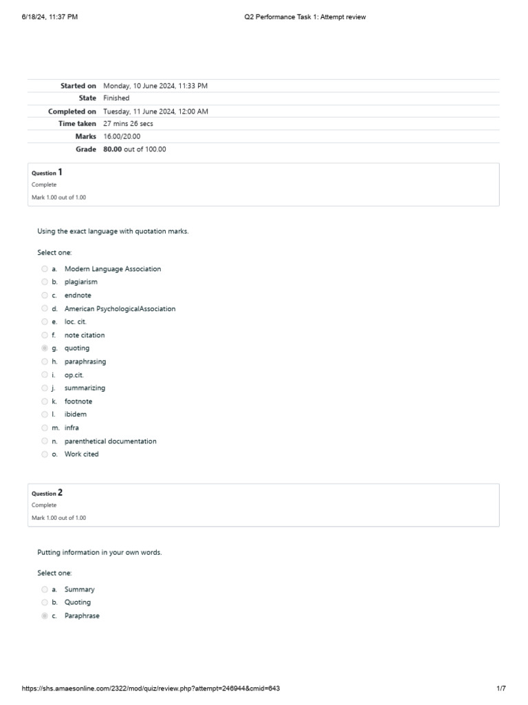 Q2 Performance Task 1 - Attempt Review | PDF | Citation | Note (Typography)