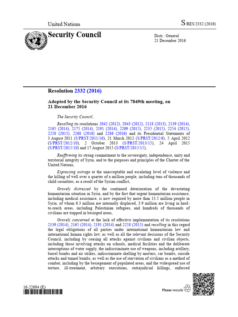 2016 Security Council Resolution On The Topic of The Syrian Civil War ...