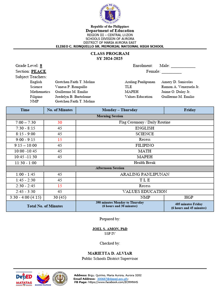 Class Program JHS G8 | PDF | Philippines | Government