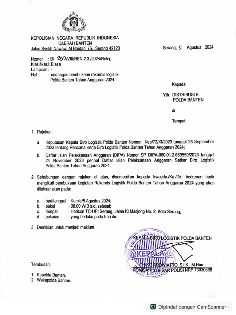 undangan pembukaan Rakernis Rolog para PJU | PDF