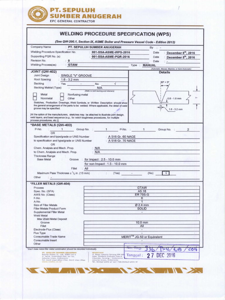 001-Ssa-Asme-Wps-2016 - CS Gtaw | PDF