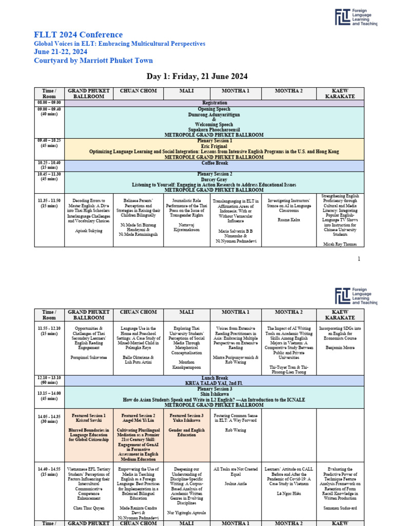 FLLT Conference 2024 Program Schedule For All | PDF | English As A Second Or Foreign Language ...