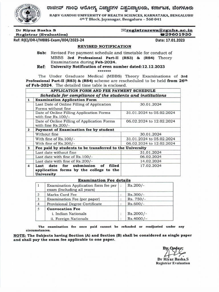 Revised Final Year PART II MBBS Fees Notification - Time Table | PDF