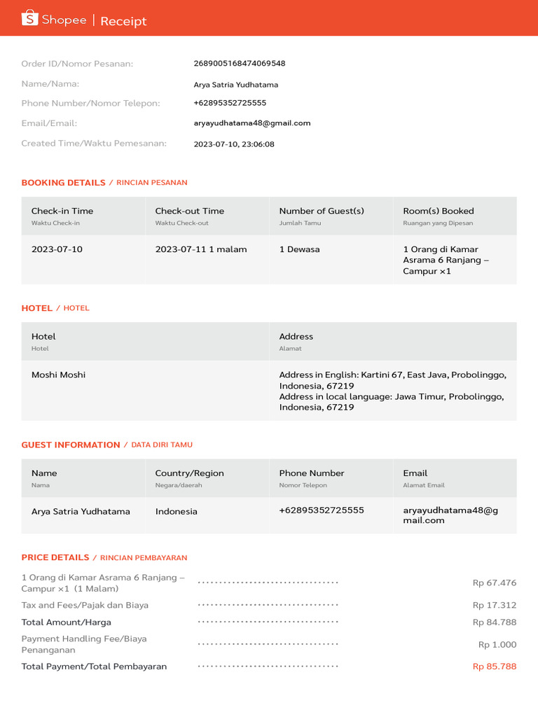 Hotel Moshi Moshi Probolinggo Booking Receipt | PDF
