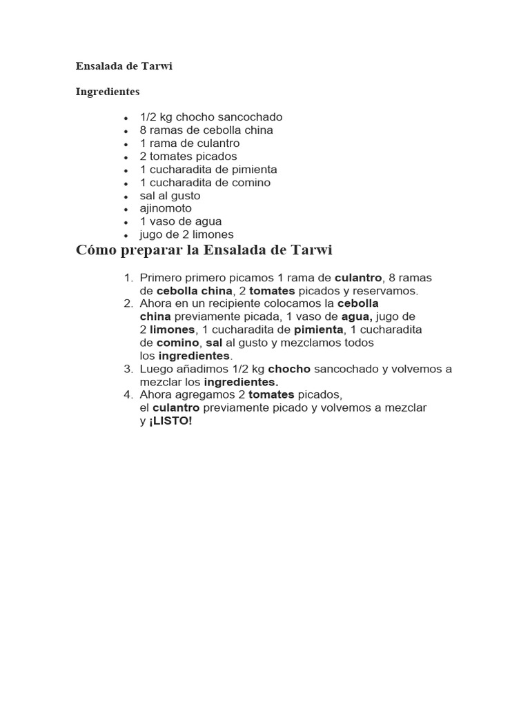 Ensalada de Tarwi | PDF | Cocina, comidas y vino | Ciencia y matemáticas