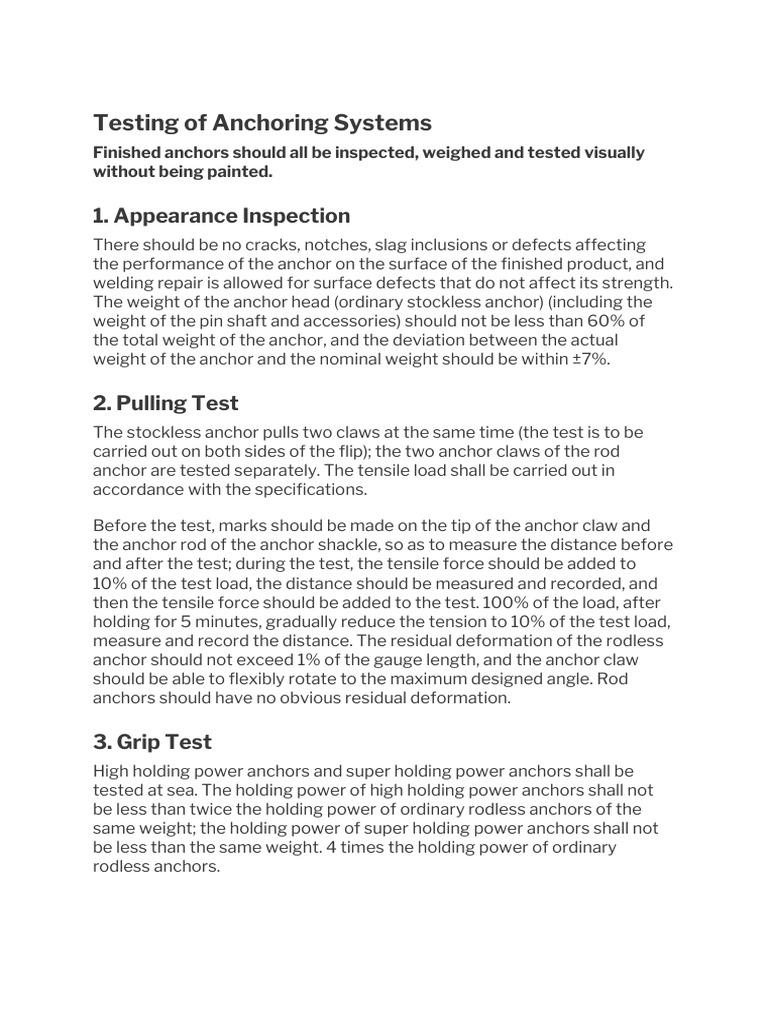 Testing of Anchoring Systems | PDF | Anchor | Gear