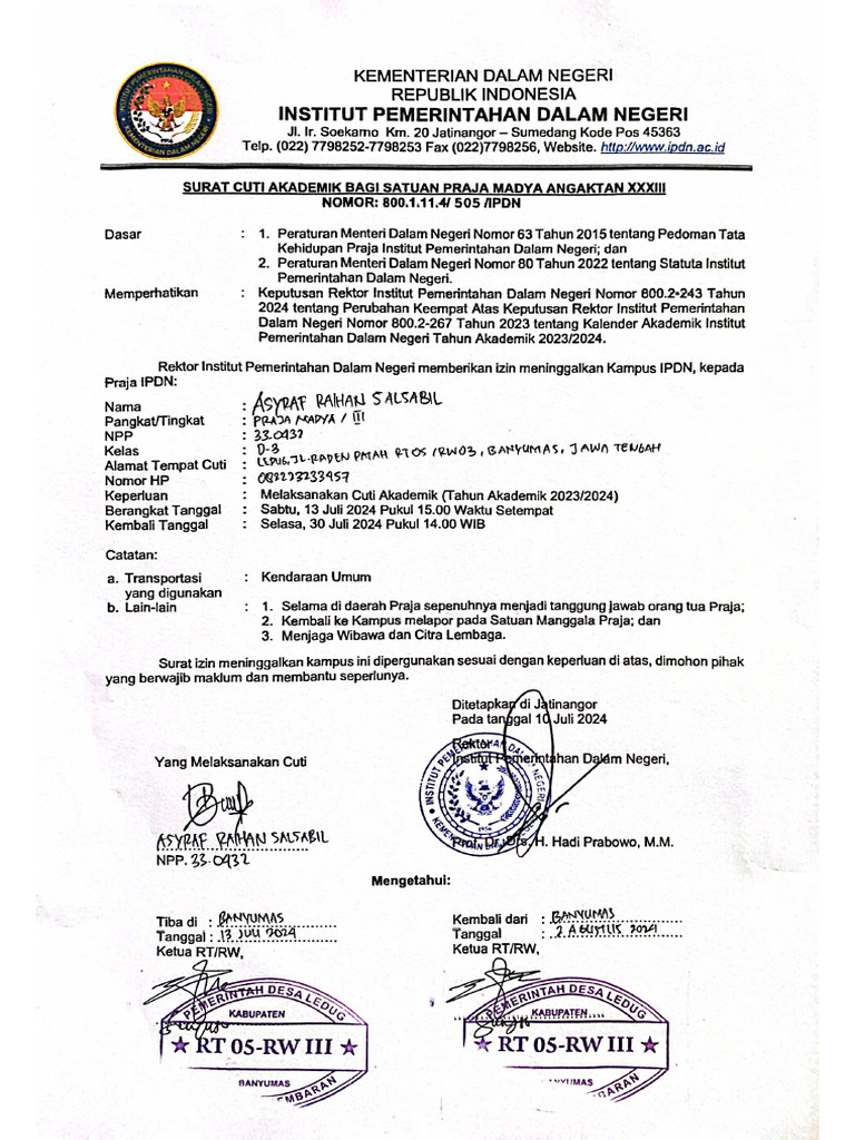 Surat Cuti - Asyraf Raihan Salsabil | PDF