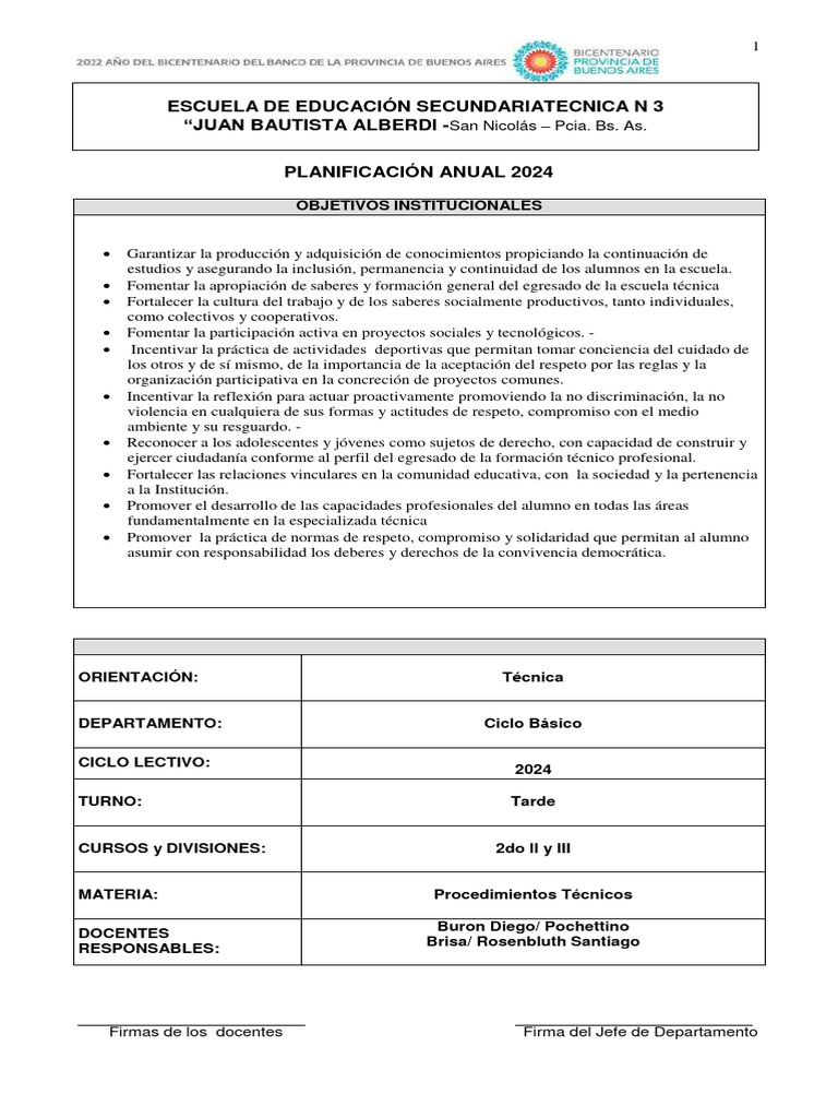 Planificación Procedimientos Tecnicos 2do | PDF | Herramientas | Escuelas