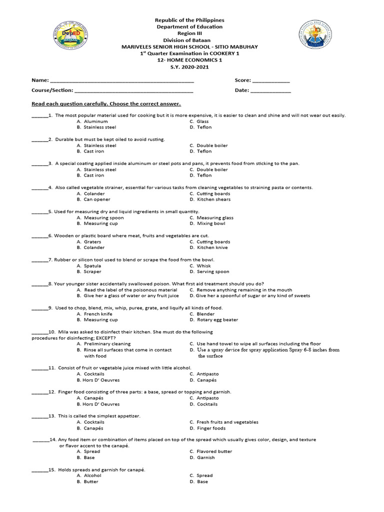 COOKERY 1: 1st Quarter Exam with Answers | PDF | Salad | Hors D'oeuvre