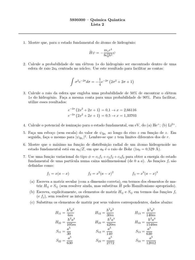 Lista 2 - Química Quântica | PDF | Spin (Física) | Elétron
