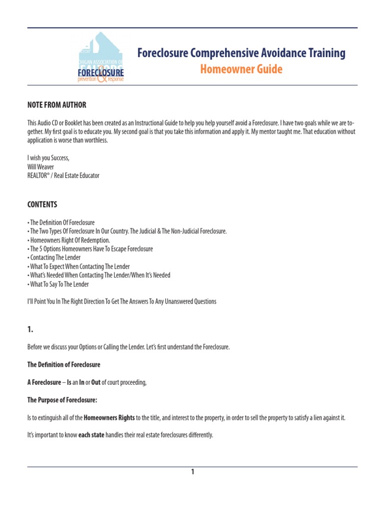 Foreclosure Comprehensive Avoidance Training: Homeowner Guide ...