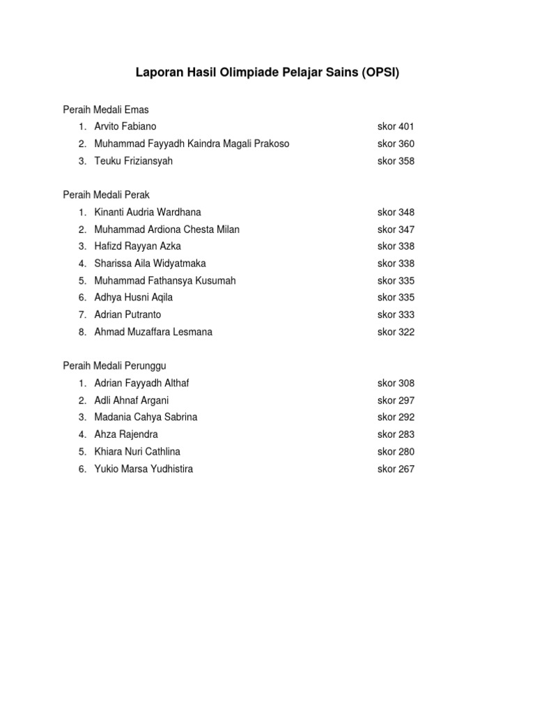 Hasil Olimpiade Pelajar Sains 2023 | PDF