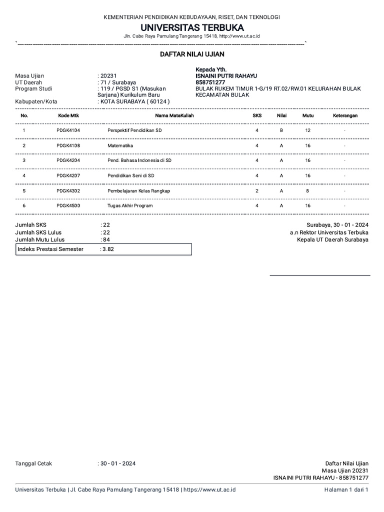 Nilai. Semester 3 Ut | PDF